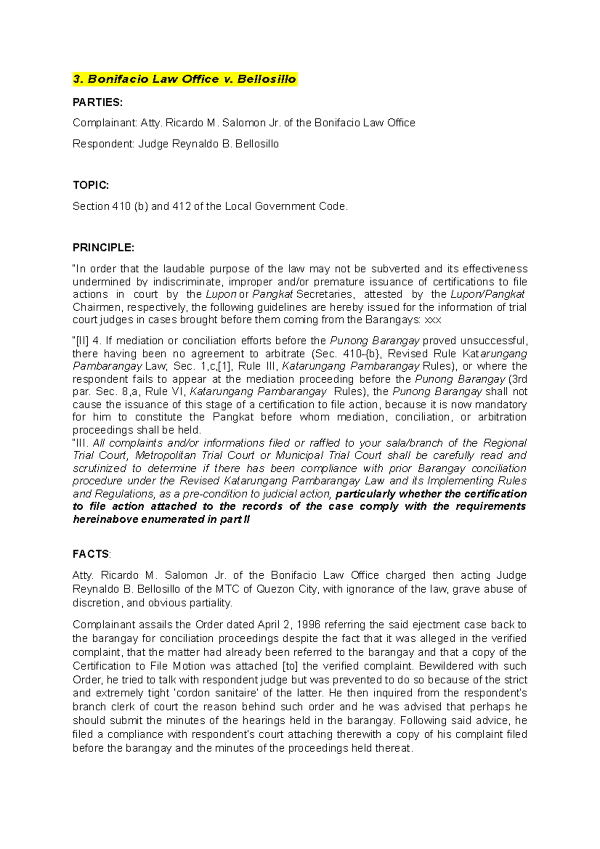 3. Bonifacio Law Office v. Bellosillo: Premature Issuance of Action ...