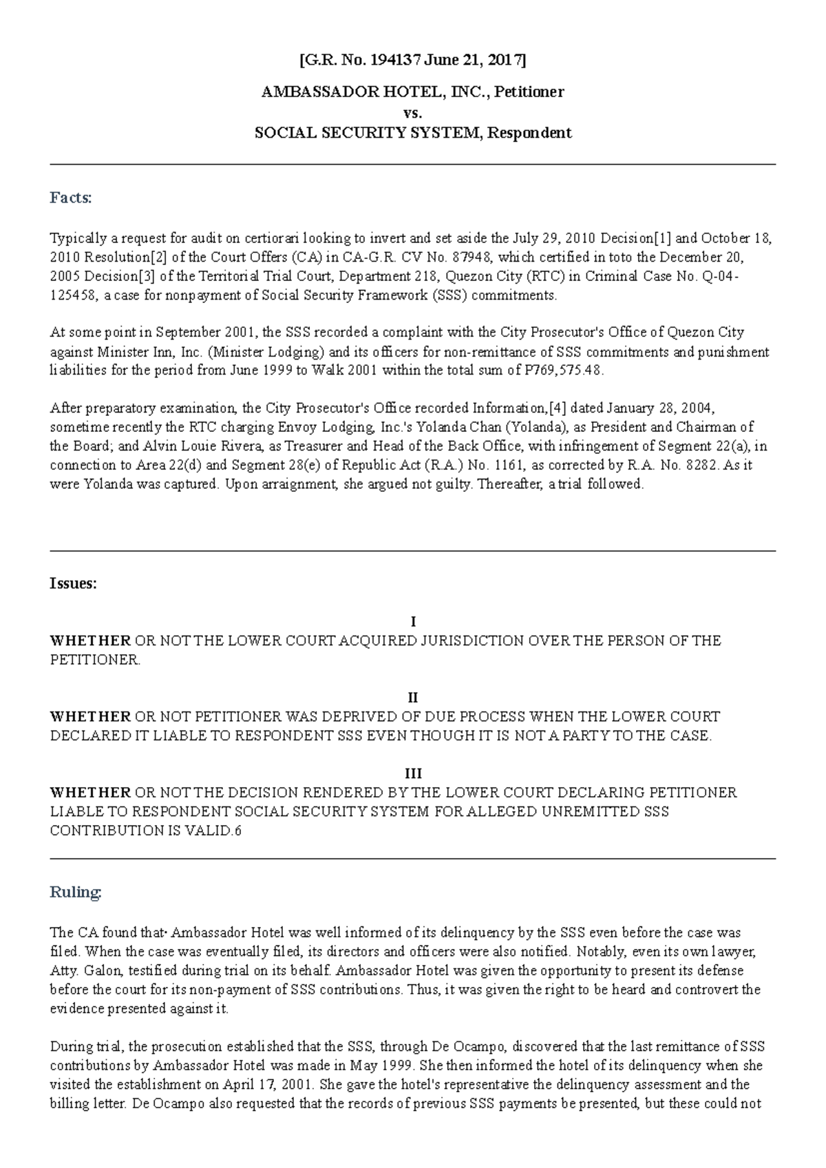ACT.1Law - Case Study on Social Security System vs. Ambassador Hotel ...