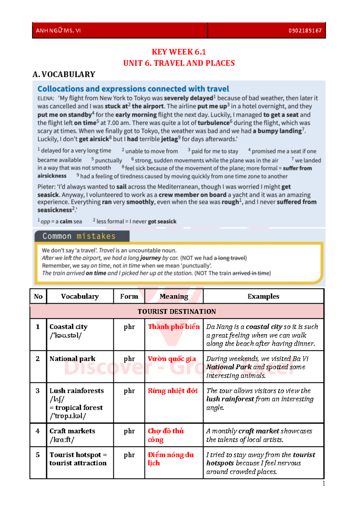 ANH NGỮ MS. VI 0902189167 KEY WEEK 6.1 UNIT 6: TRAVEL VOCABULARY - Studocu