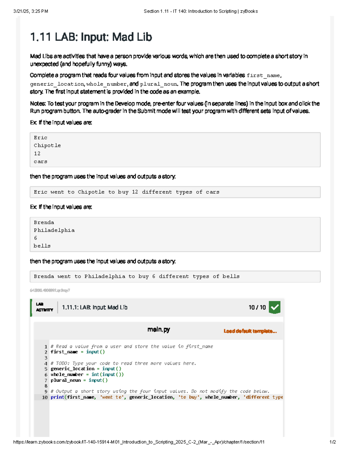 1.11 Lab: Input into Mad Lib Stories - IT 140 - Studocu