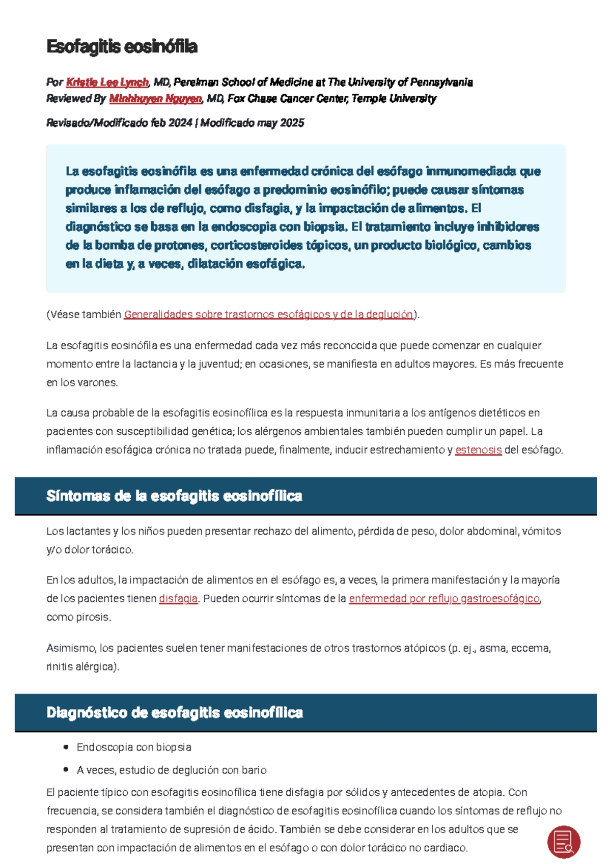 Esofagitis Eosinófila: Diagnóstico y Tratamiento - Manual MSD - Studocu