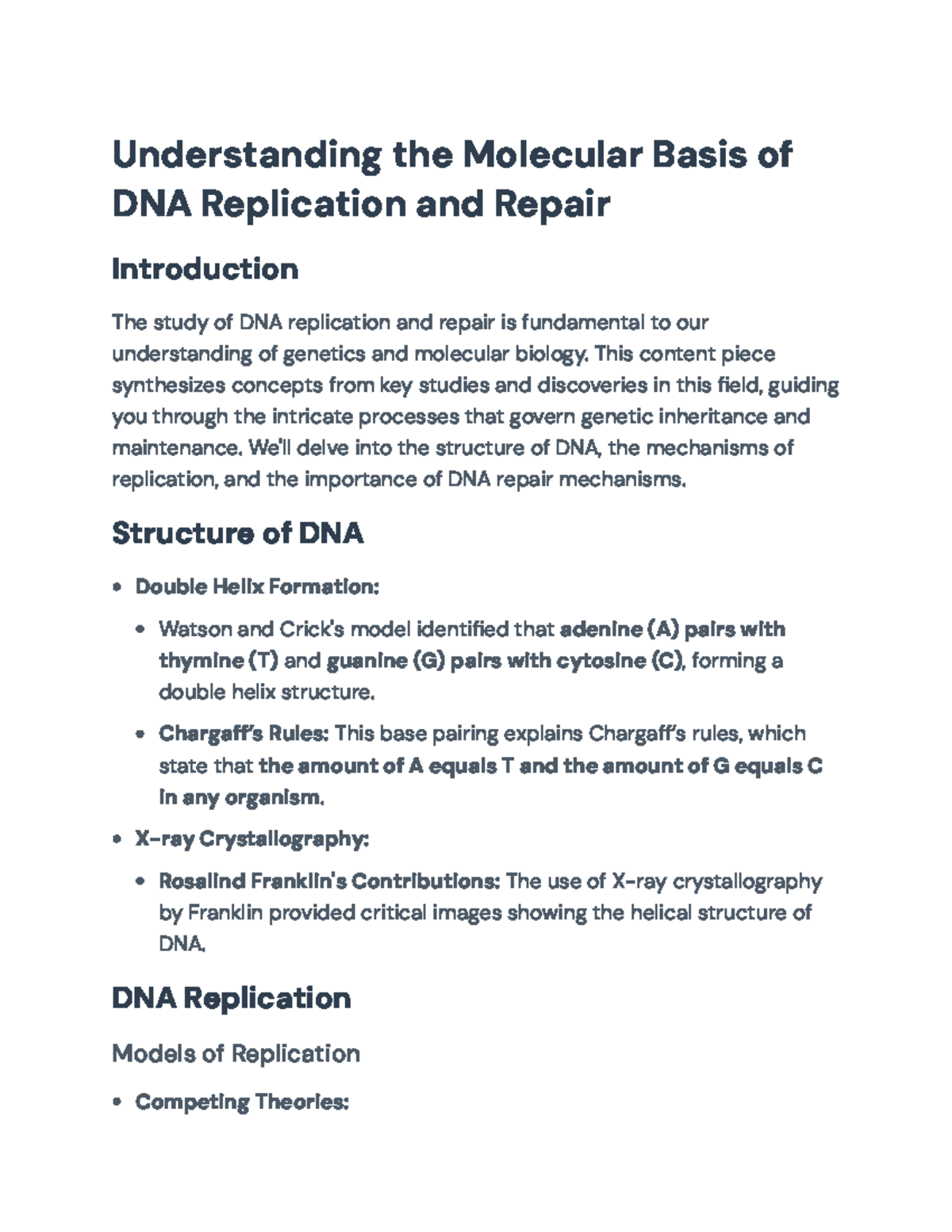 DNA Structure, Replication & Repair Overview (BIO101) - Studocu