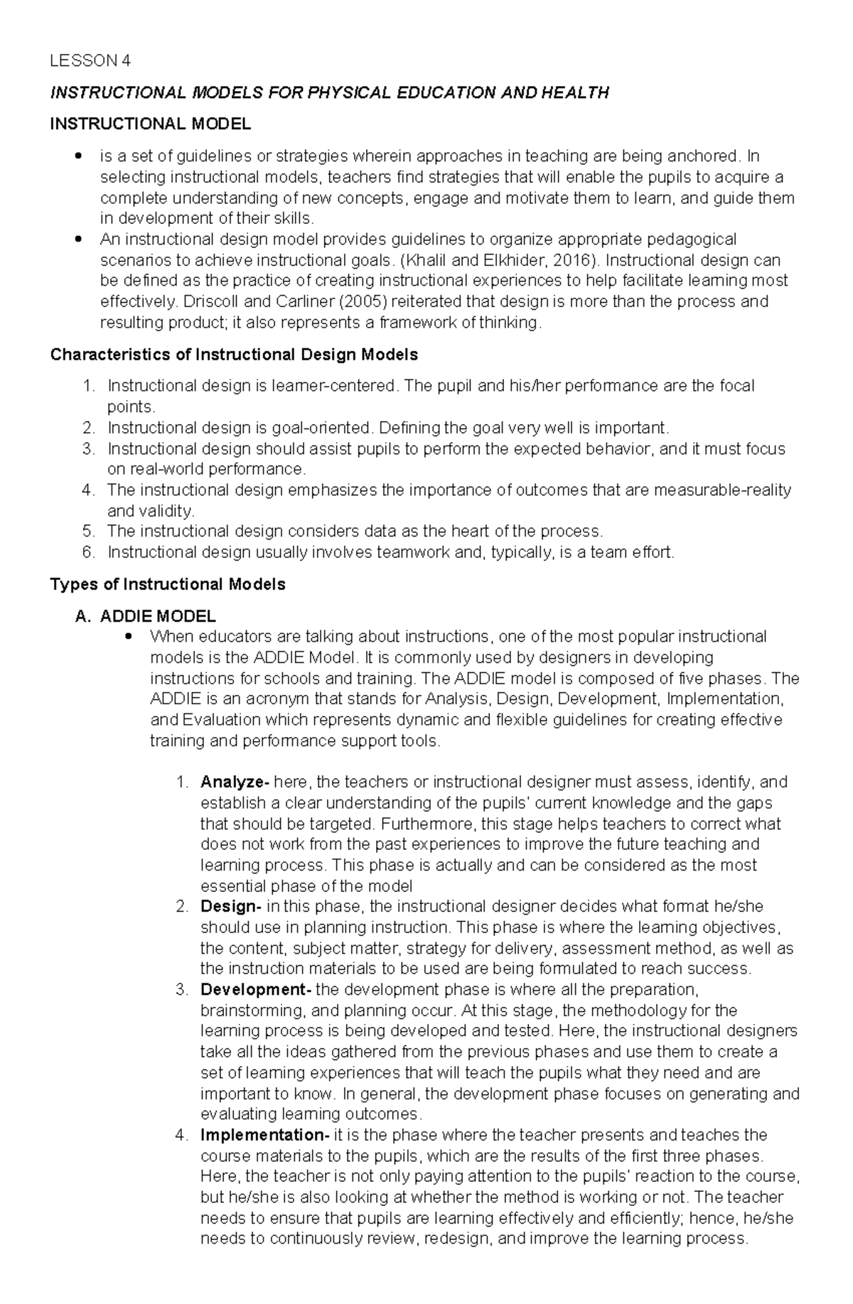 Lesson 4 PE - Instructional Models in Physical Education Notes - Studocu