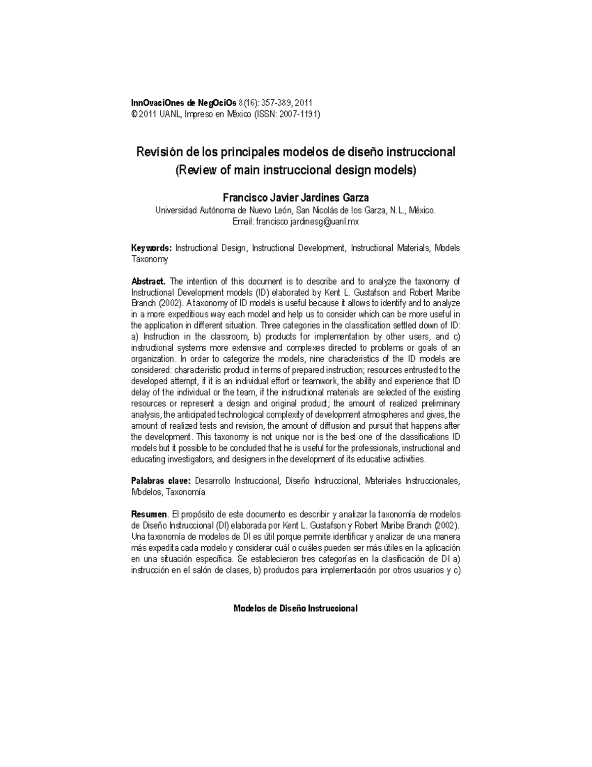 Revisión de Modelos de Diseño Instruccional (DI) - UANL 2011 - Studocu