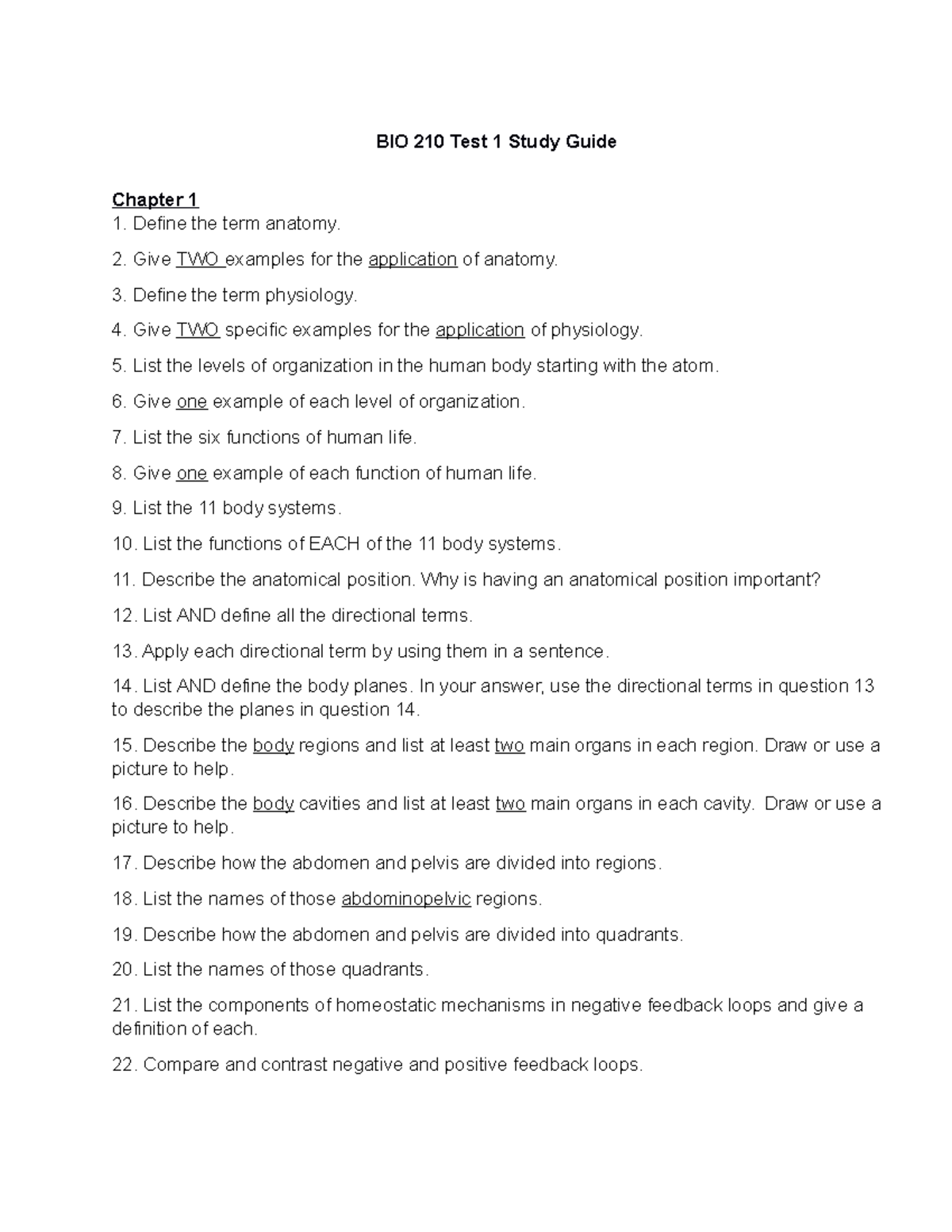 BIO 210 Test 1 Comprehensive Study Guide for Chapters 1-2 - Studocu