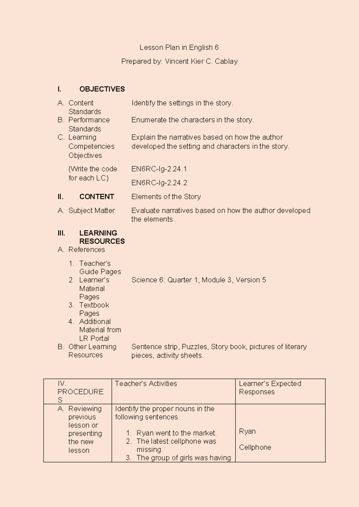 Lesson Plan for English 6: Exploring Story Elements in Quarter 1 - Studocu