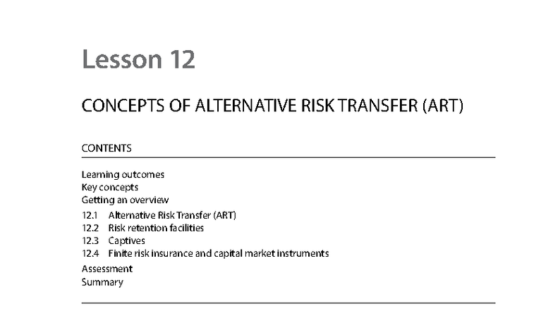 ISR3701 Lesson 12: Concepts of Alternative Risk Transfer (ART) - Studocu