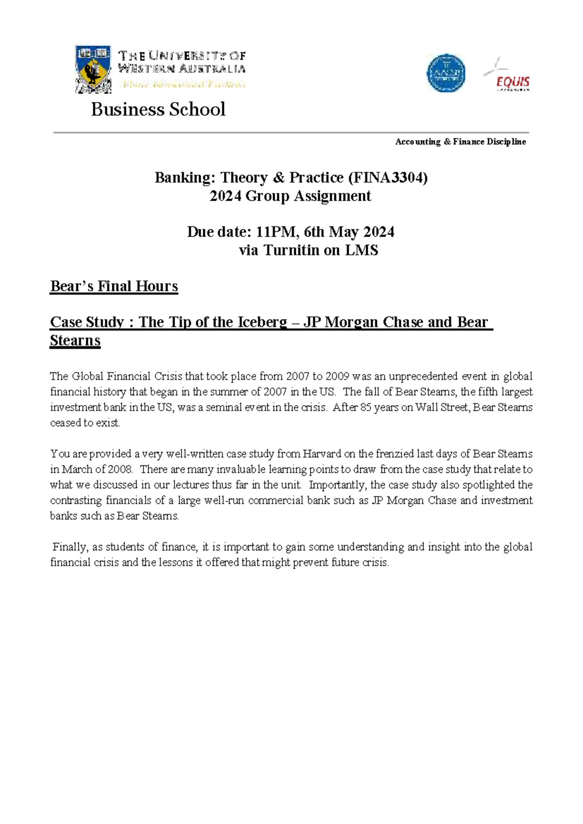 FINA 3304 2024 Group Assignment: Case Study on Bear Stearns - Studocu