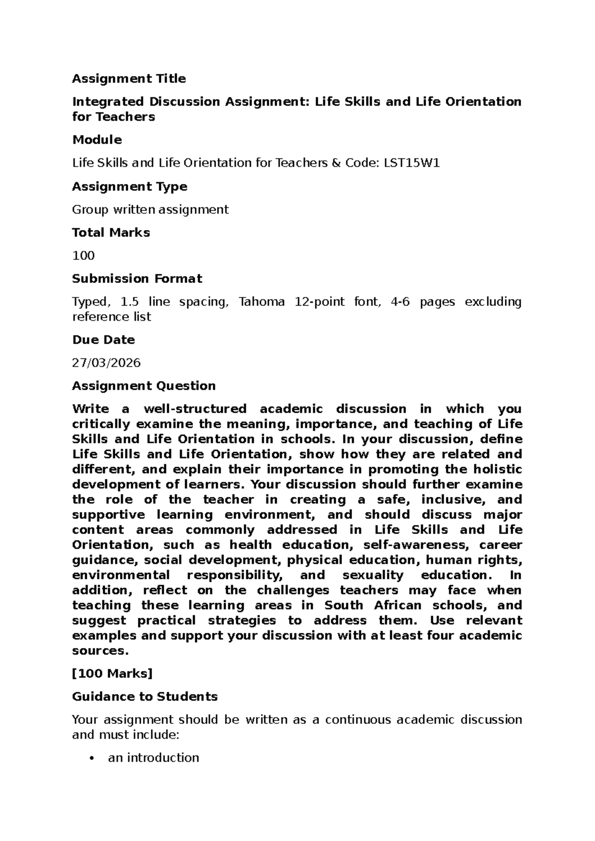 LST15W1 Group Assignment: Life Skills & Orientation in Education - Studocu