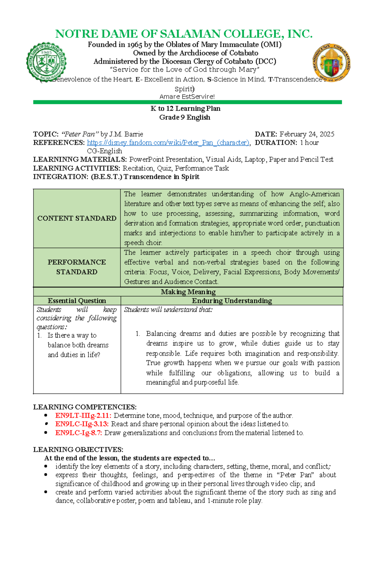 Lesson Plan for Grade 10: Exploring J.M. Barrie's Peter Pan - Studocu