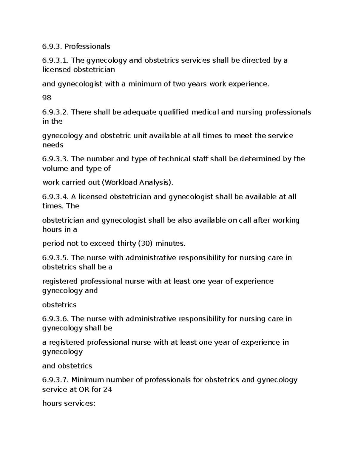 6.9.3. Staffing Requirements for Gynecology and Obstetrics Services ...