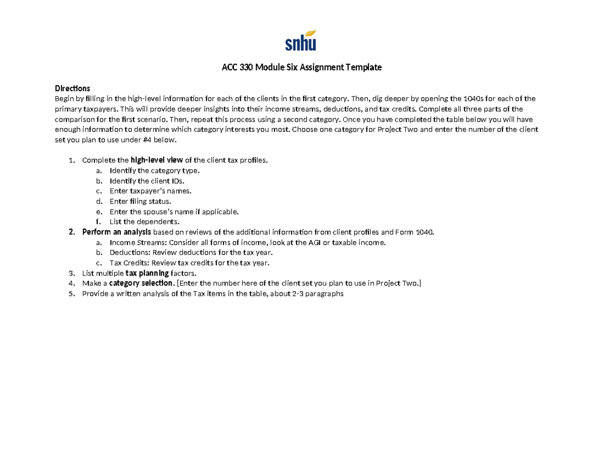 ACC 330 Module Six Assignment: Tax Category Profile Comparison - Studocu