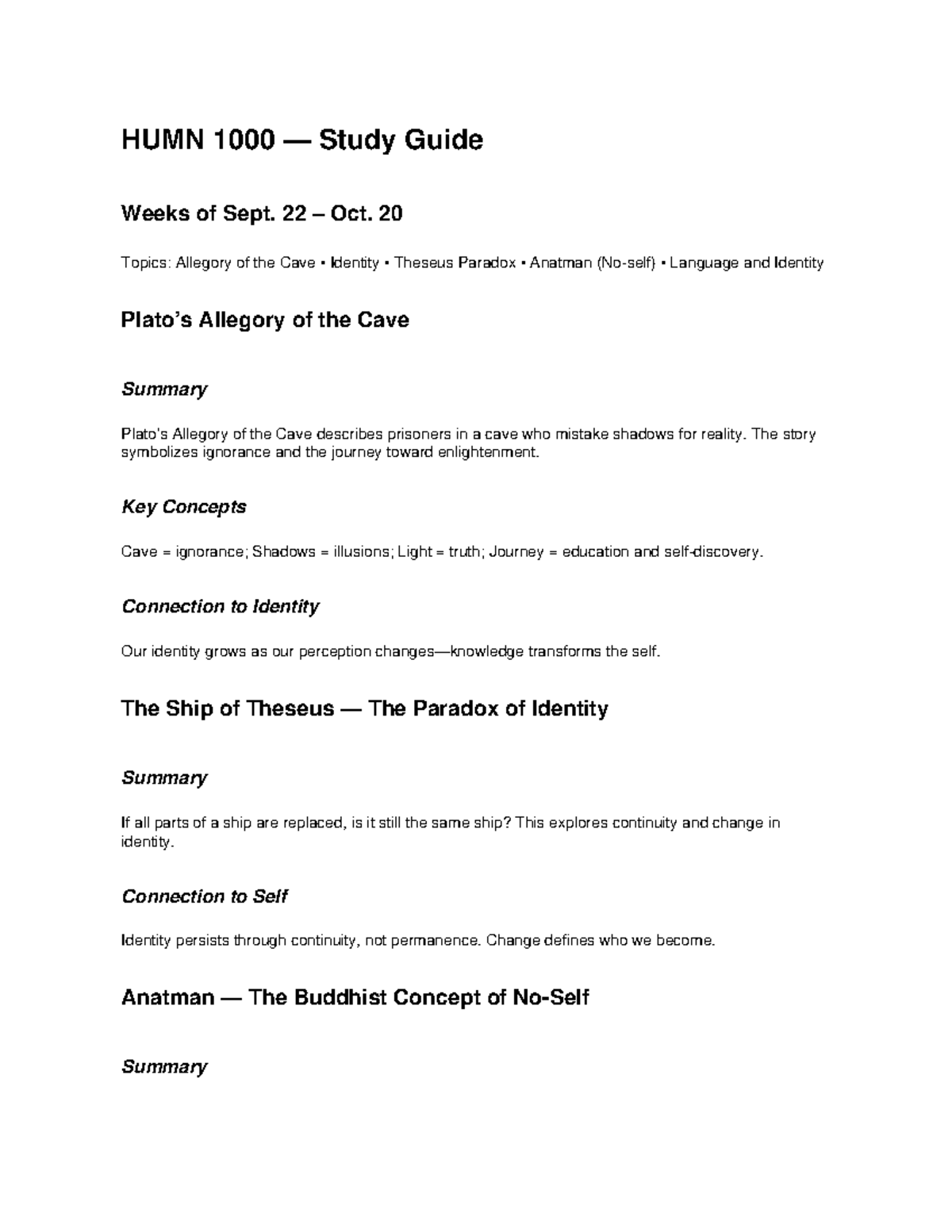 HUMN1000 Study Guide: Identity Themes from Sept 22 to Oct 20 - Studocu