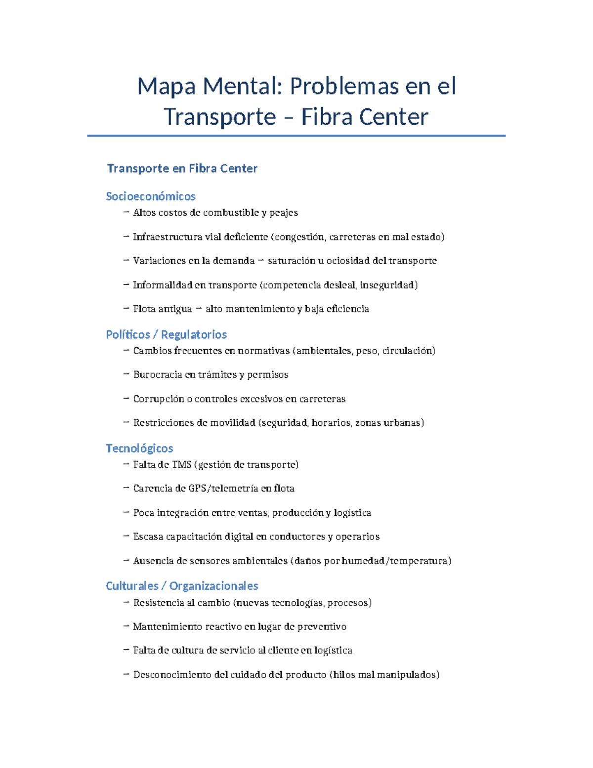 Mapa Mental: Problemas en el Transporte - Fibra Center - Studocu