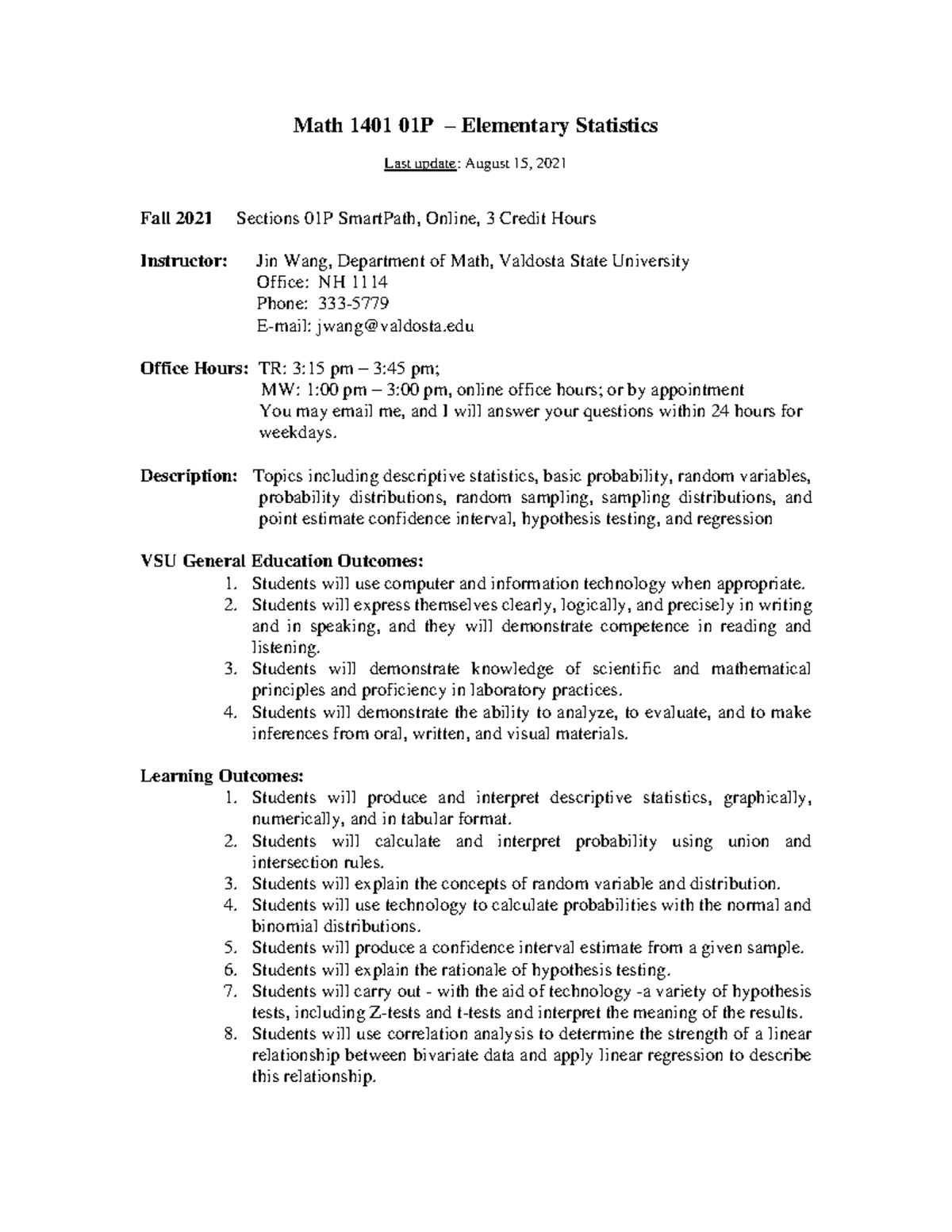 Math 1401 01P Wang Fall 2021 Syllabus - Math 1401 01P – Elementary ...