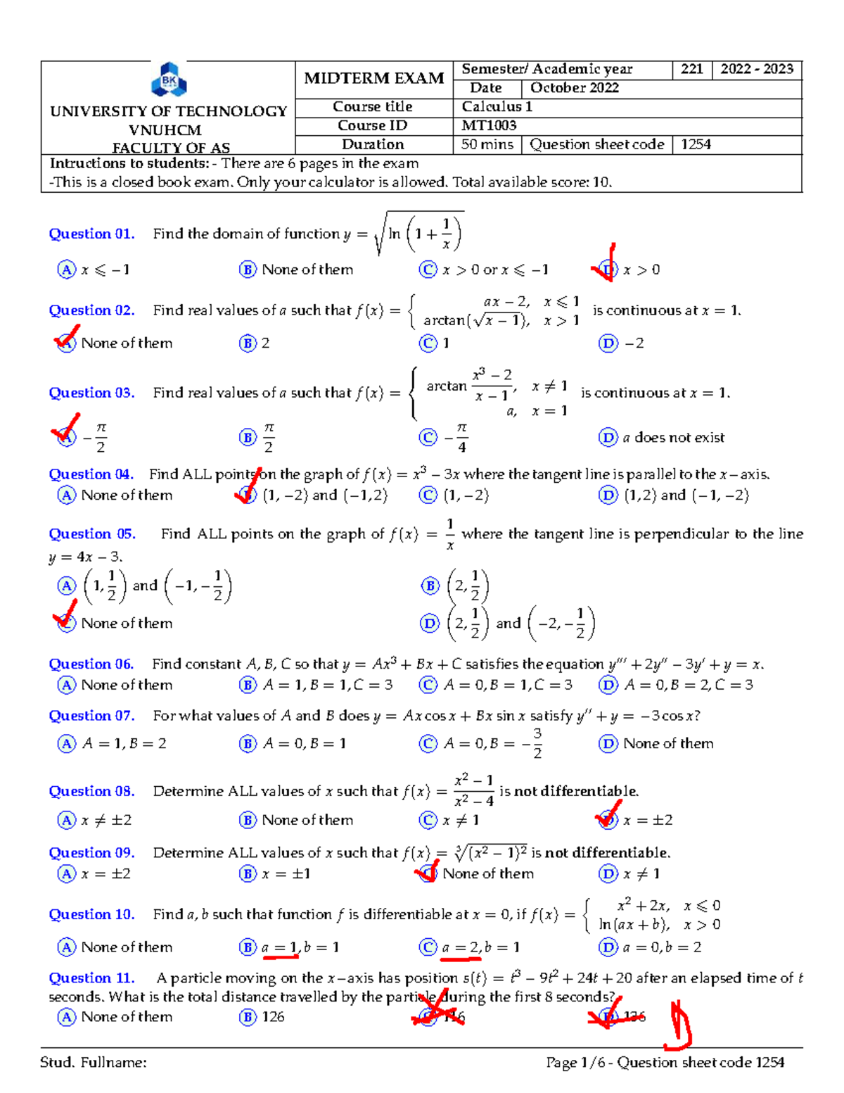 Calculus 1 MT1003 Midterm Exam Question Sheet - October 2022 - Studocu