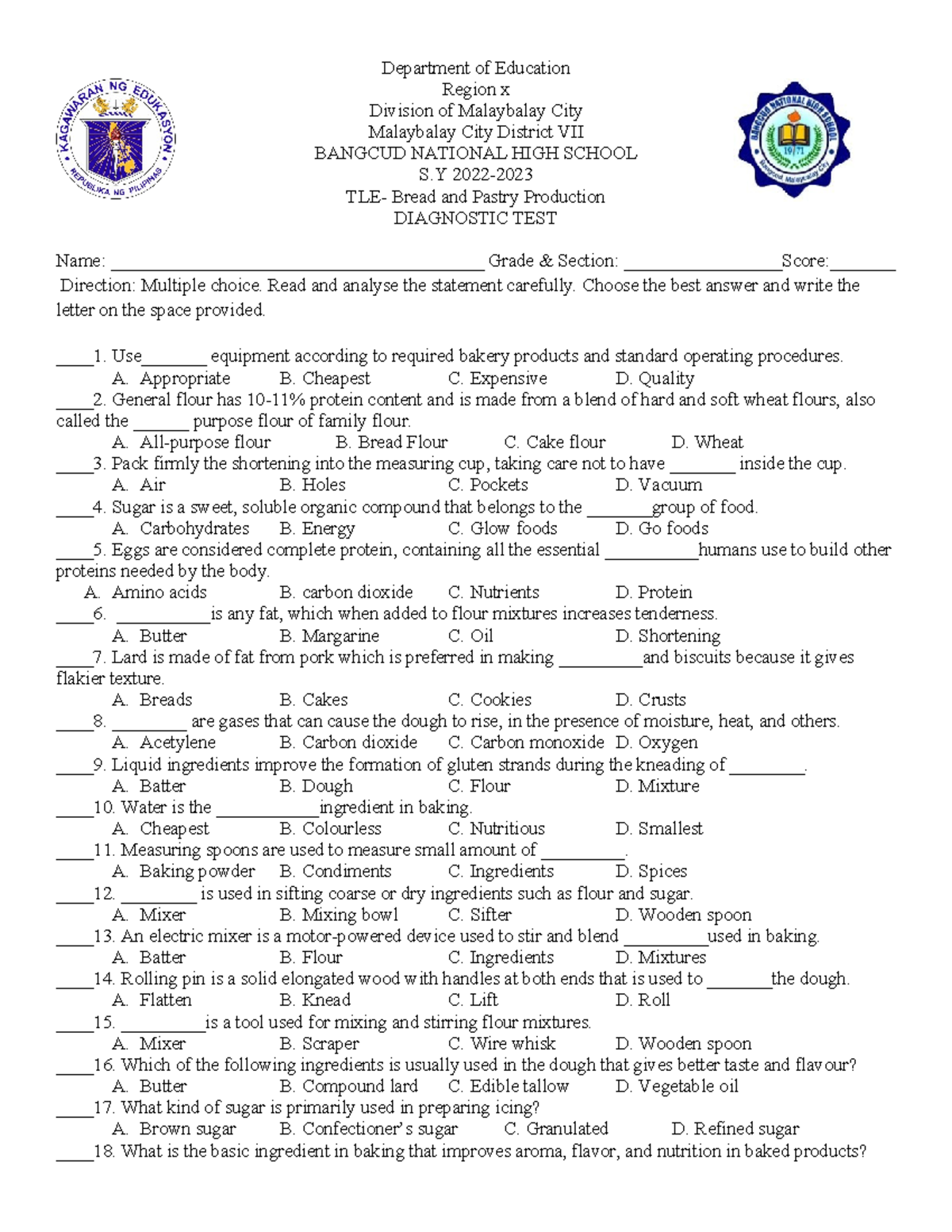 Diagnostic Test for TLE 9 on Bread and Pastry Production Skills - Studocu