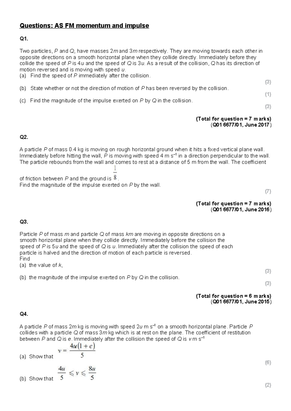 Momentum and Impulse Questions: AS FM (Q01-Q12) Exam Prep - Studocu