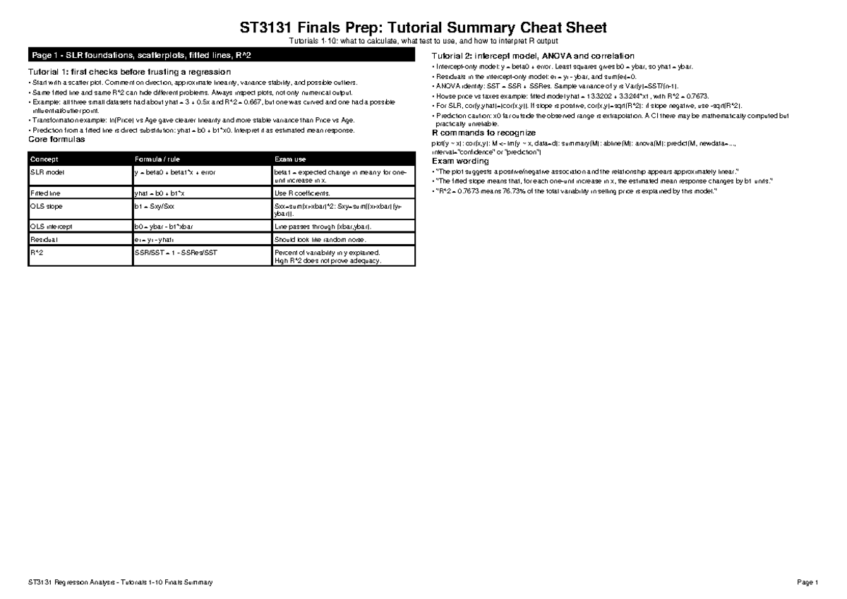 ST3131 Finals Summary: Key Concepts in Regression Analysis - Studocu