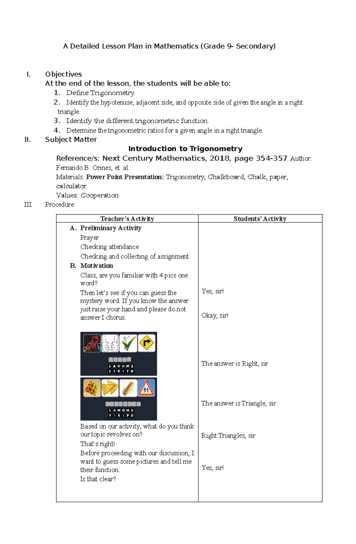 Detailed lesson plan ( introduction to trigonometry) - A Detailed Lesson Plan in Mathematics ...