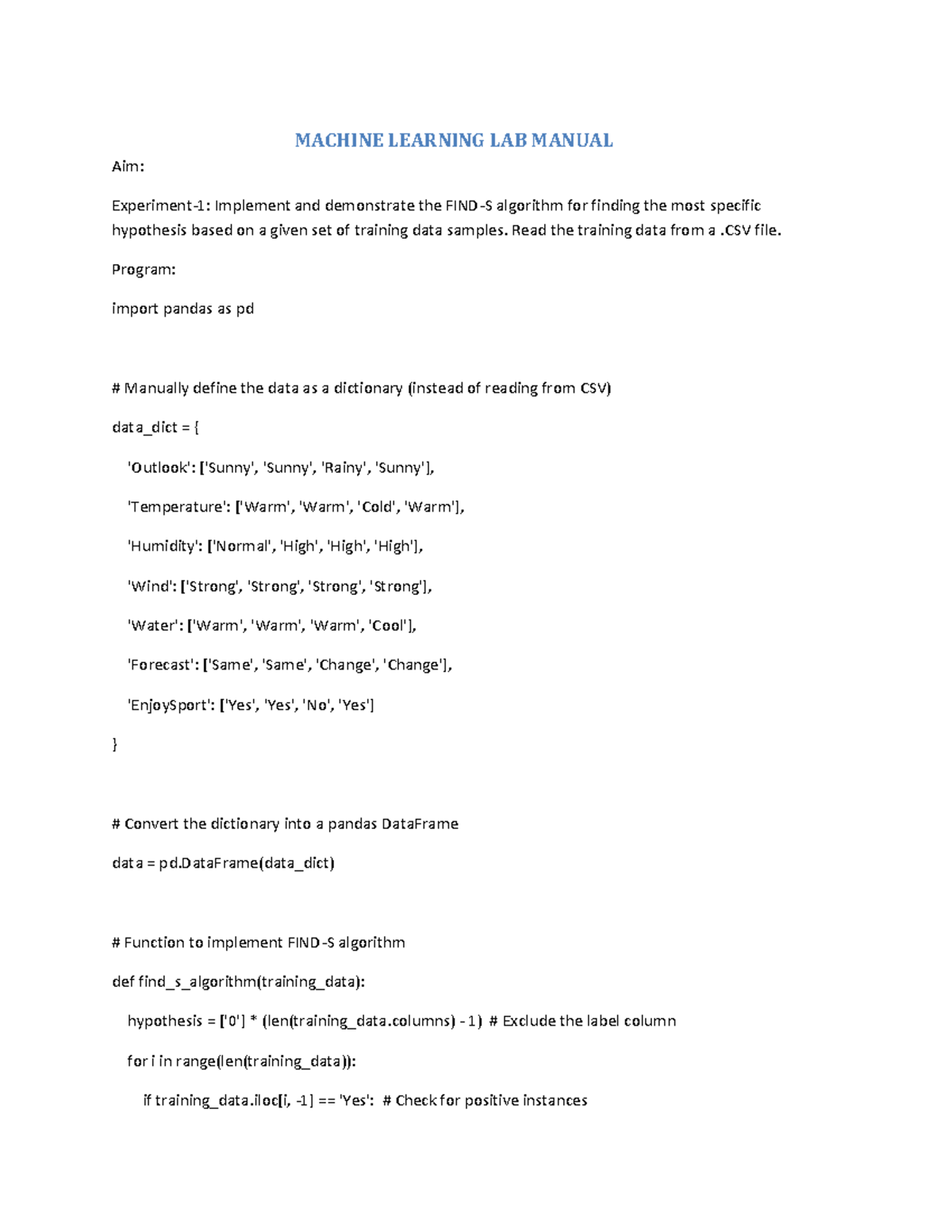 Machine Learning LAB Manual: Implementing Key Algorithms and Techniques ...