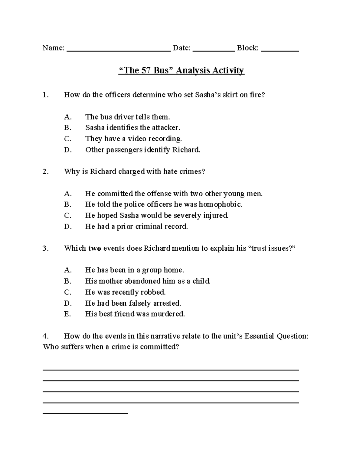 The 57 Bus Analysis Activity: Exploring Themes and Characters - Studocu