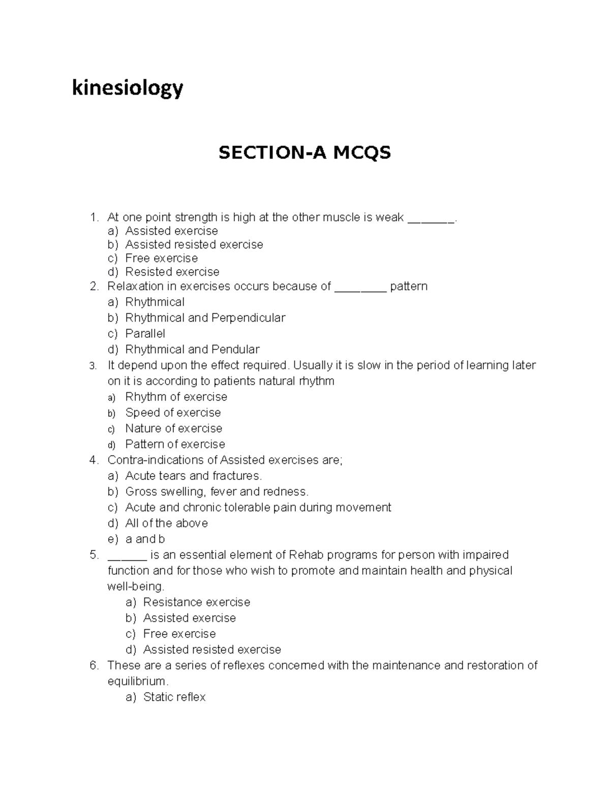 Test - kinesiology test helping for exams - kinesiology SECTION-A MCQS ...