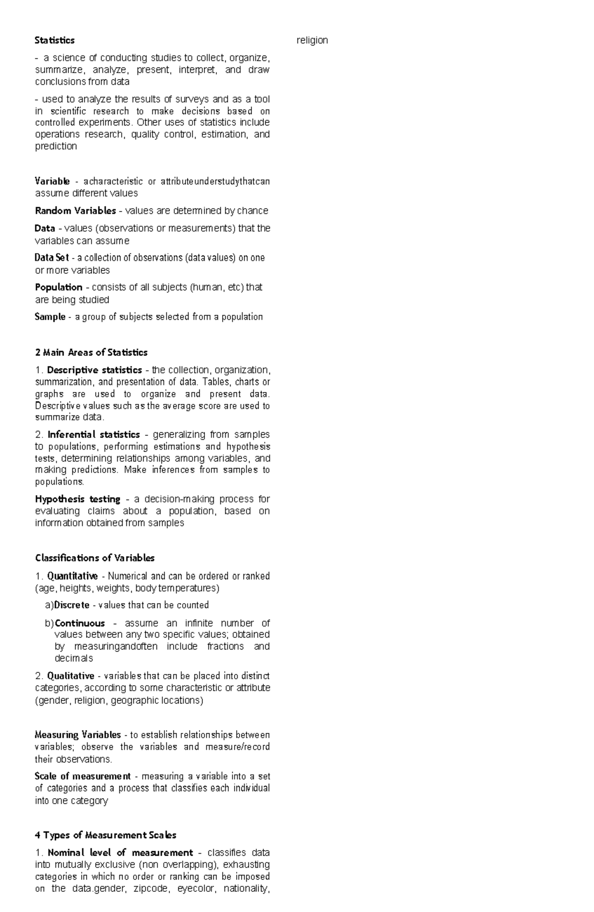Statistics and Probability Reviewer: Key Concepts and Methods - Studocu