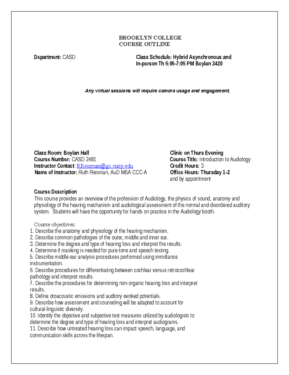 CASD 2481: Introduction to Audiology Course Outline - Fall 2024 - Studocu