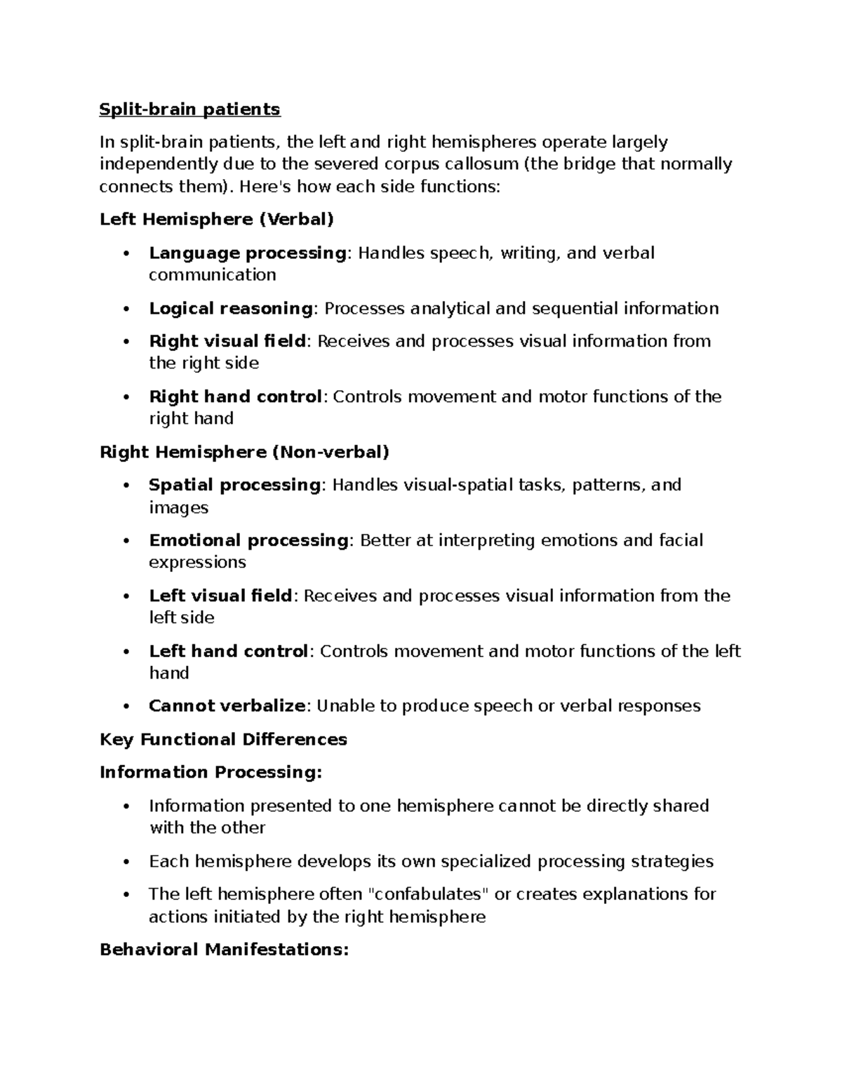 Split Brain Patients: Hemispheric Functioning and Differences - Studocu