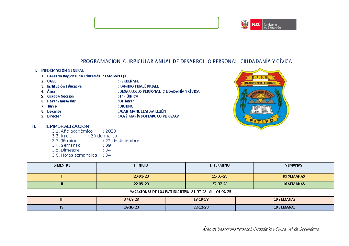 4to Programacion Anual D.P.C.C - PROGRAMACIÓN CURRICULAR ANUAL DE DESARROLLO PERSONAL ...