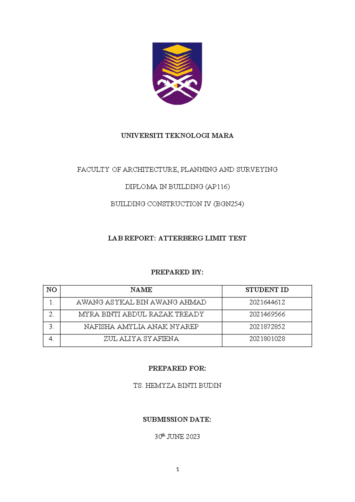 Atterberg Limit Test Lab Report for Building Construction IV (BGN254 ...