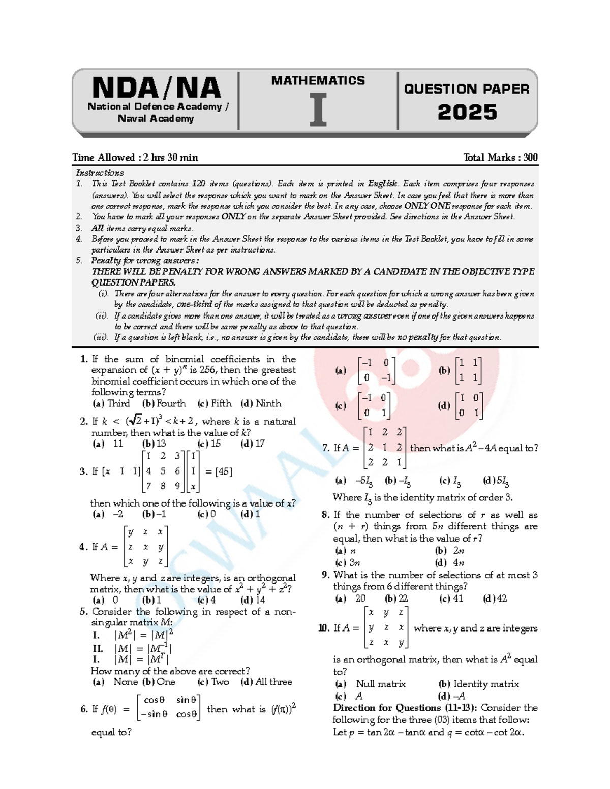 NDA NA MATHEMATICS National Defence Academy Naval Academy I SOLVED ...
