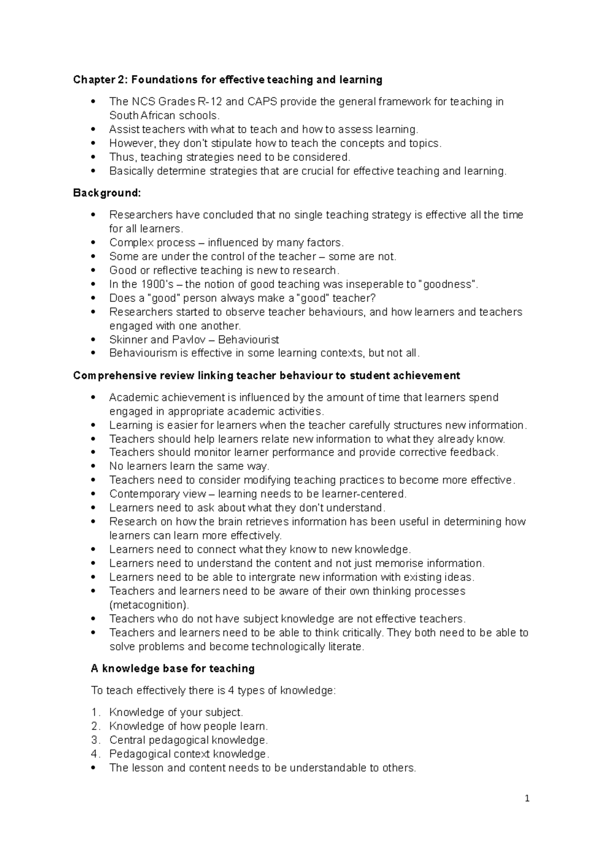 Chapter 2 Foundations for Effective Teaching and Learning - Chapter 2 ...