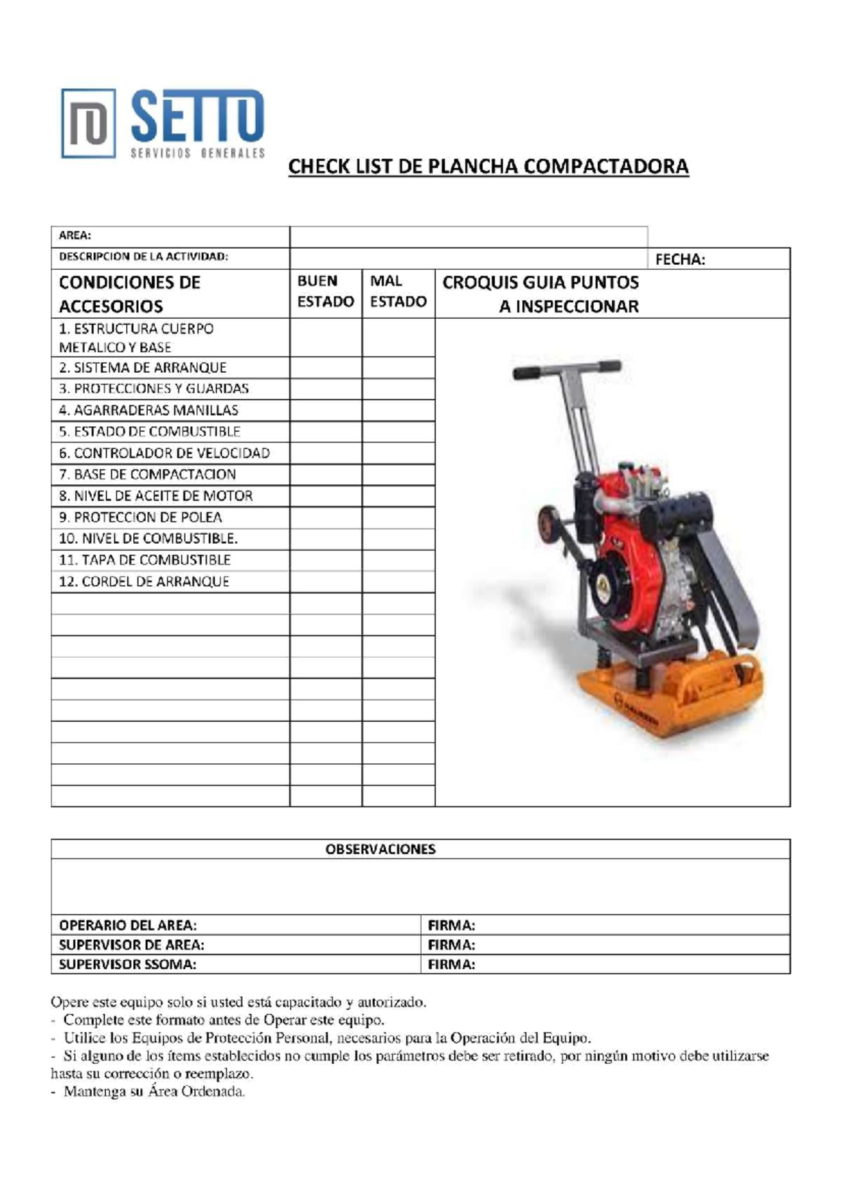 Checklist de Inspección para Plancha Compactadora - DSETTO - Studocu