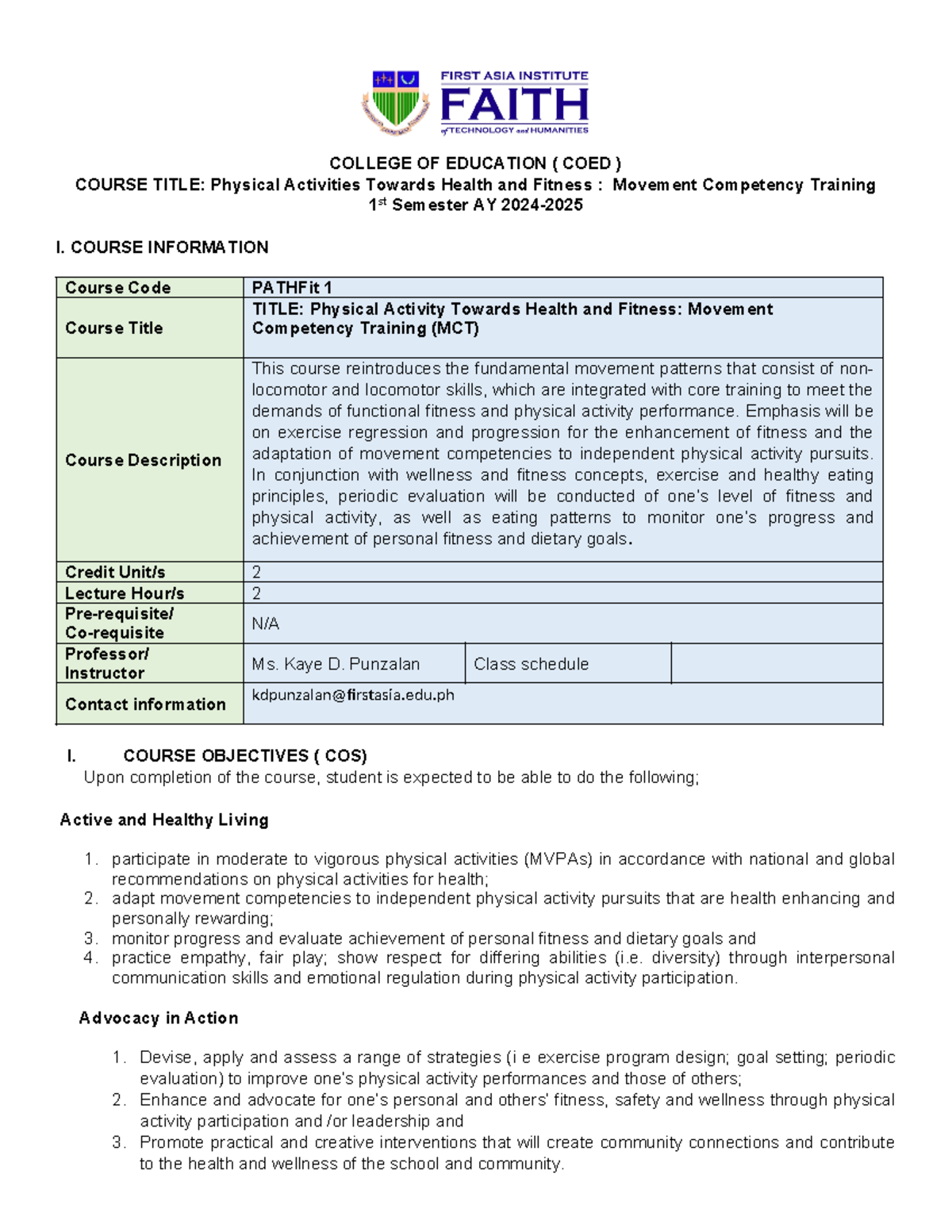 Revised Course Outline for PATHFit 1: Movement Competency Training ...