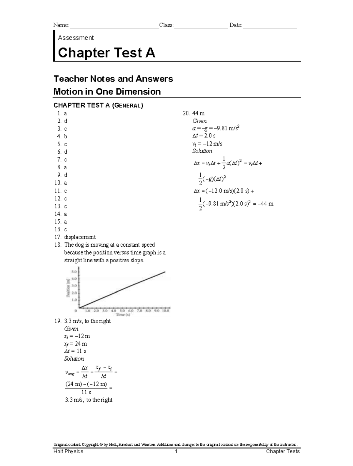 Chapter 2 Motion in One Dimension Test A with Complete Answers - Studocu