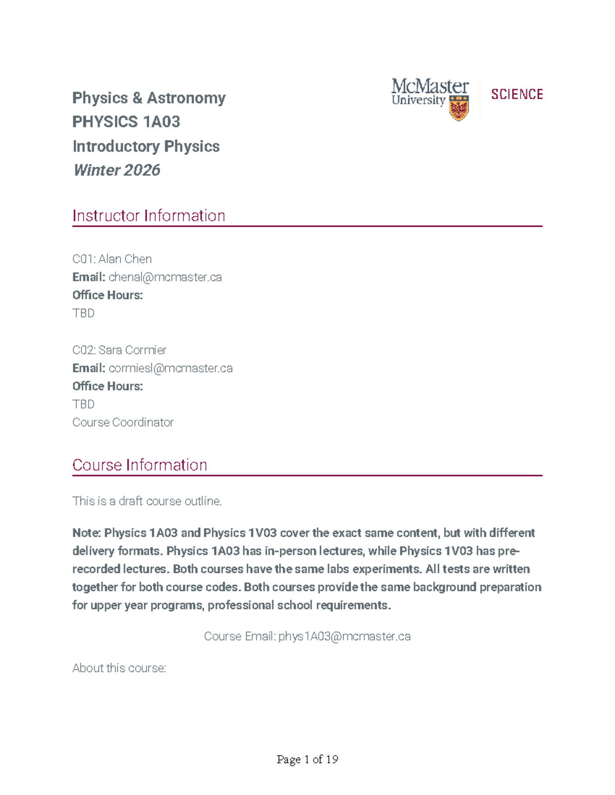Winter 2026 PHYS 1A03 C02 Introductory Physics Course Outline - Studocu