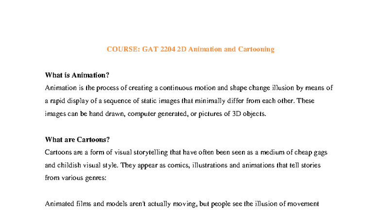GAT 2204: Introduction to 2D Animation and Cartooning Concepts - Studocu