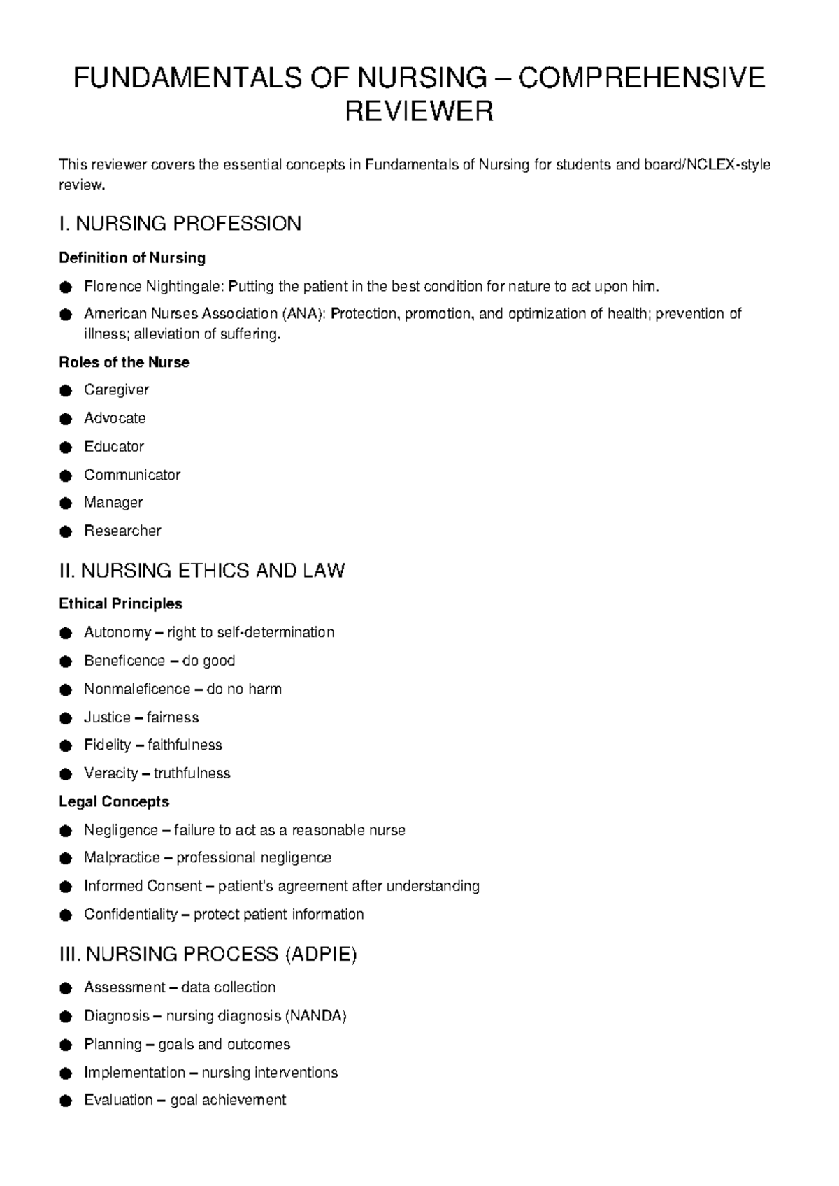 FUNDAMENTALS OF NURSING COMPREHENSIVE REVIEWER - Studocu