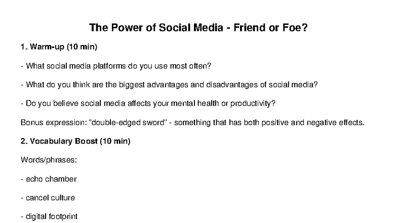 Social Media English Lesson B2-C1: Friend or Foe? - Studocu