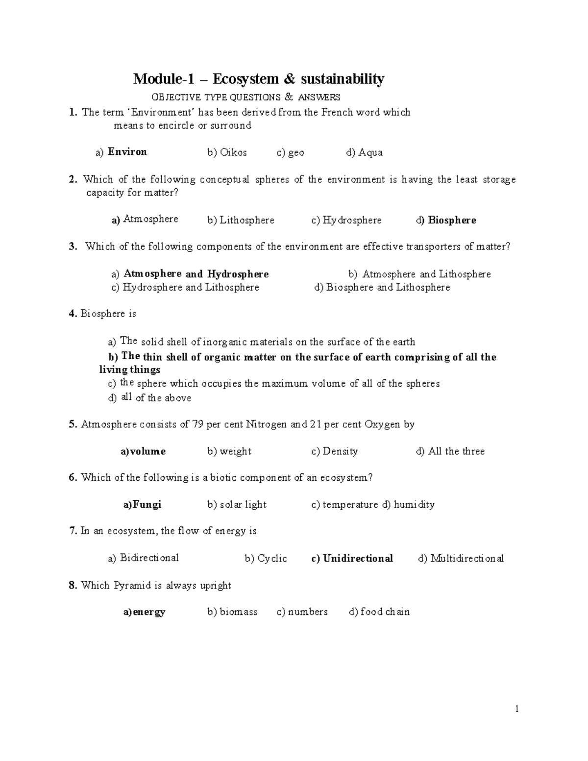 Ecosystem Sustainability: Objective Type Questions & Answers (Course ...