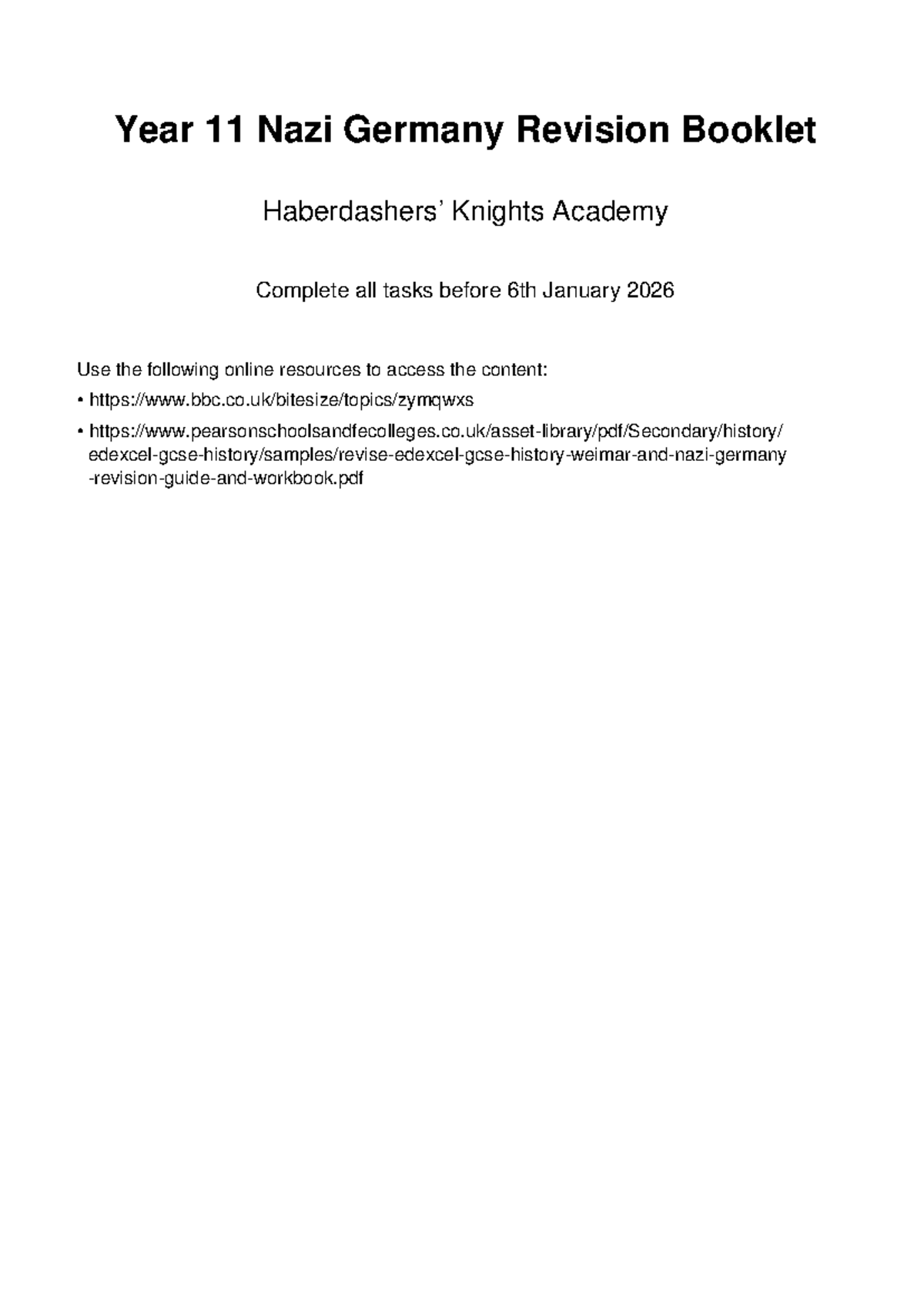 Year 11 Nazi Germany Revision Booklet - Knights Academy Guide - Studocu