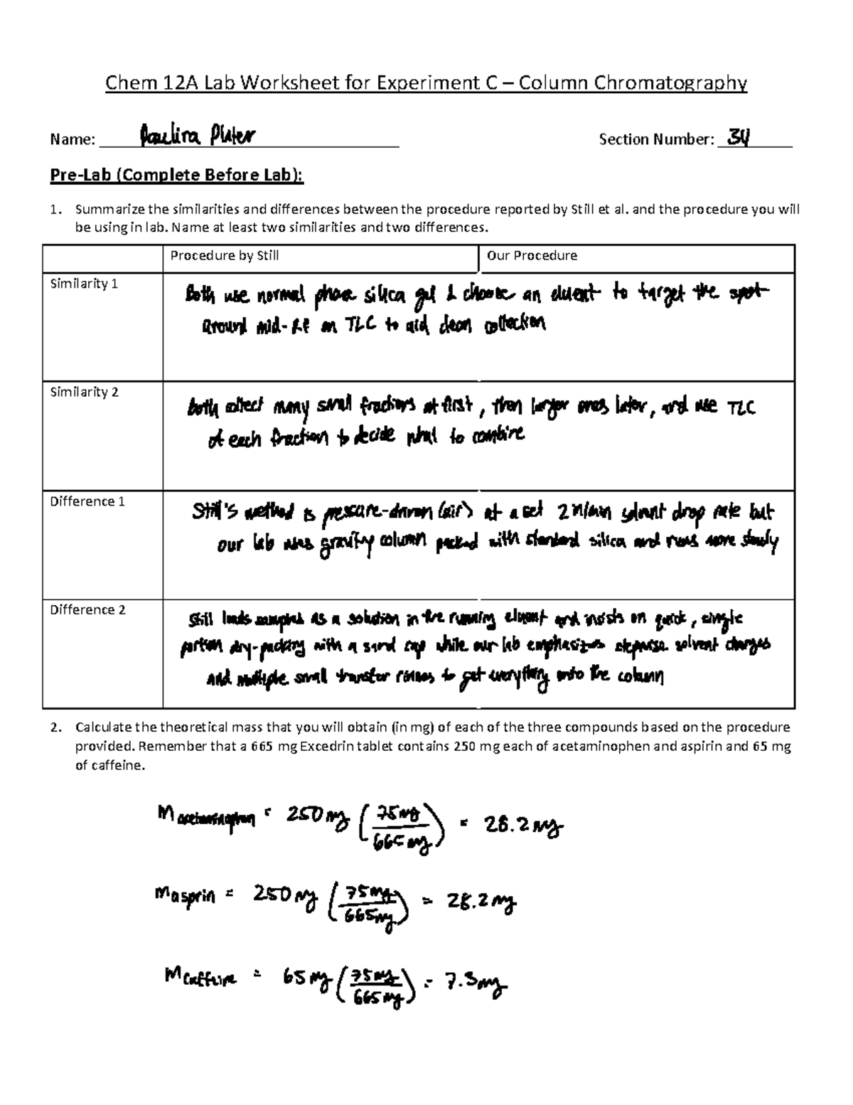 Chem 12A Lab Worksheet: Experiment C - Column Chromatography - Studocu