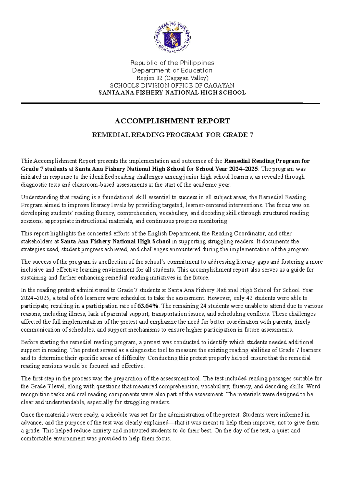 Accomplishment Report: Grade 7 Remedial Reading Program 2023 - Studocu