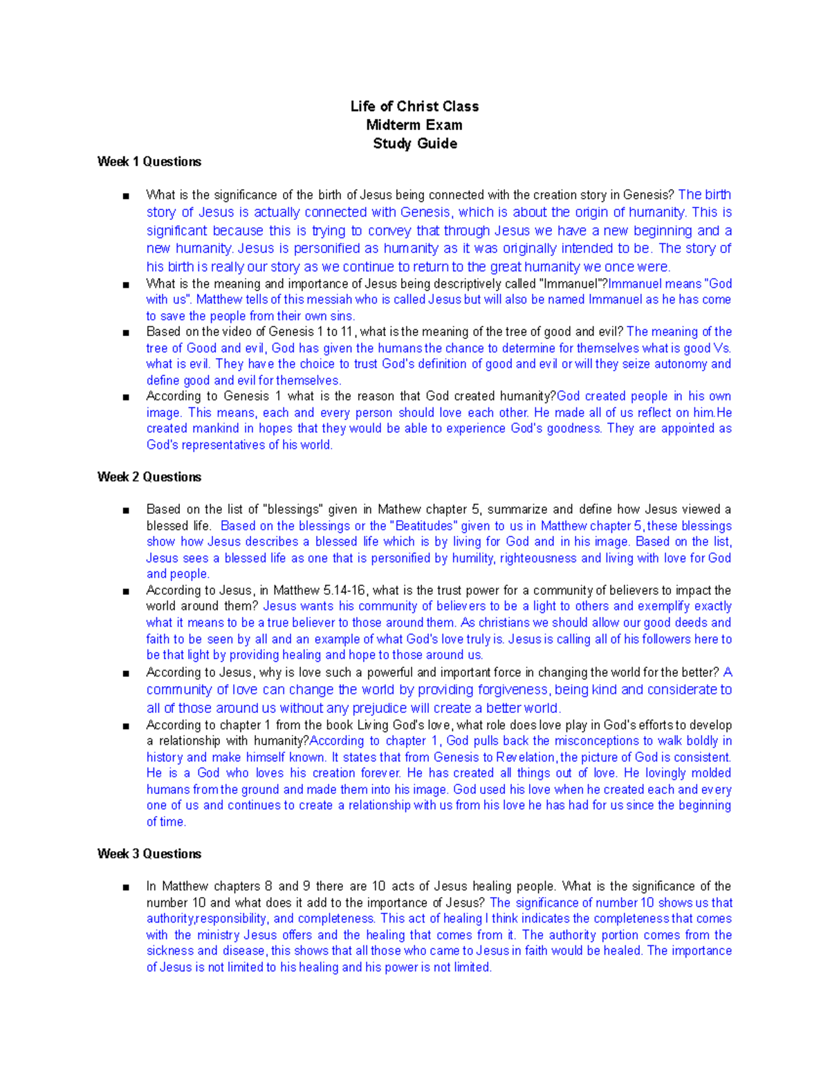 Life of Christ Class: Midterm Exam Study Guide - Studocu
