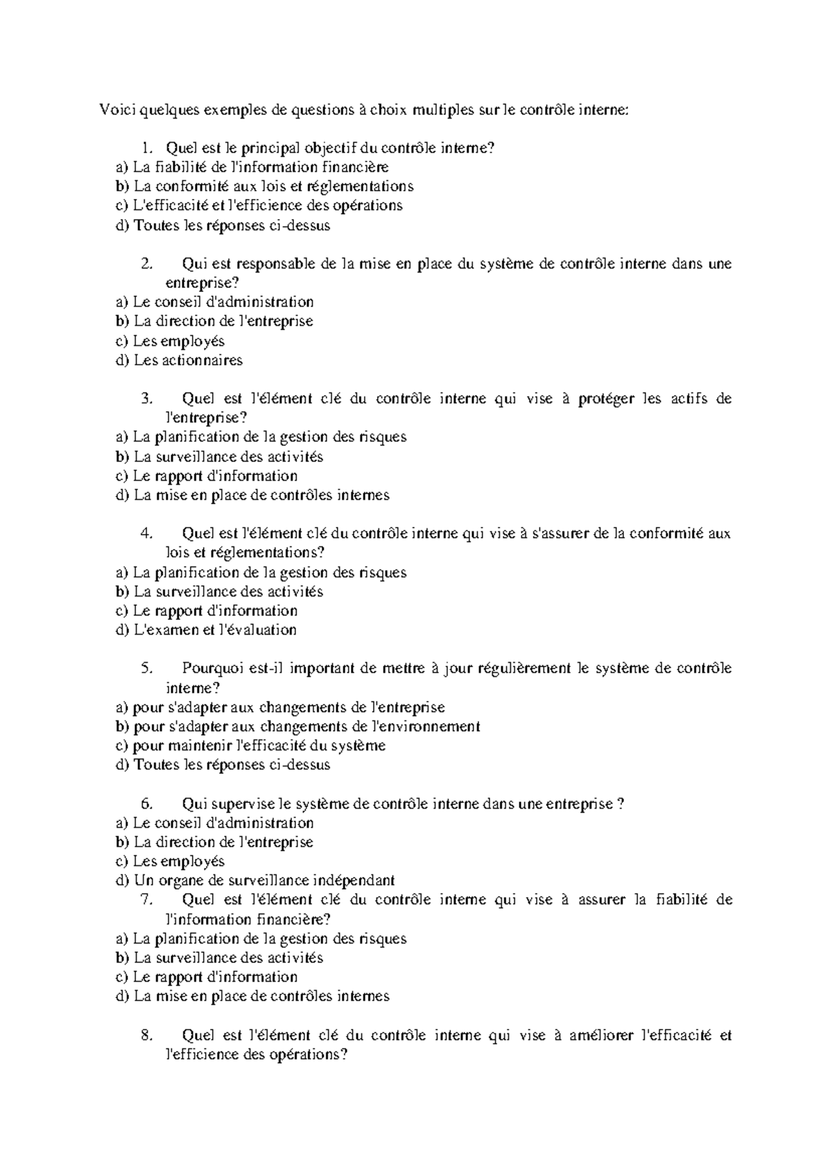 Questions à Choix Multiples sur le Contrôle Interne (CI101) - Studocu