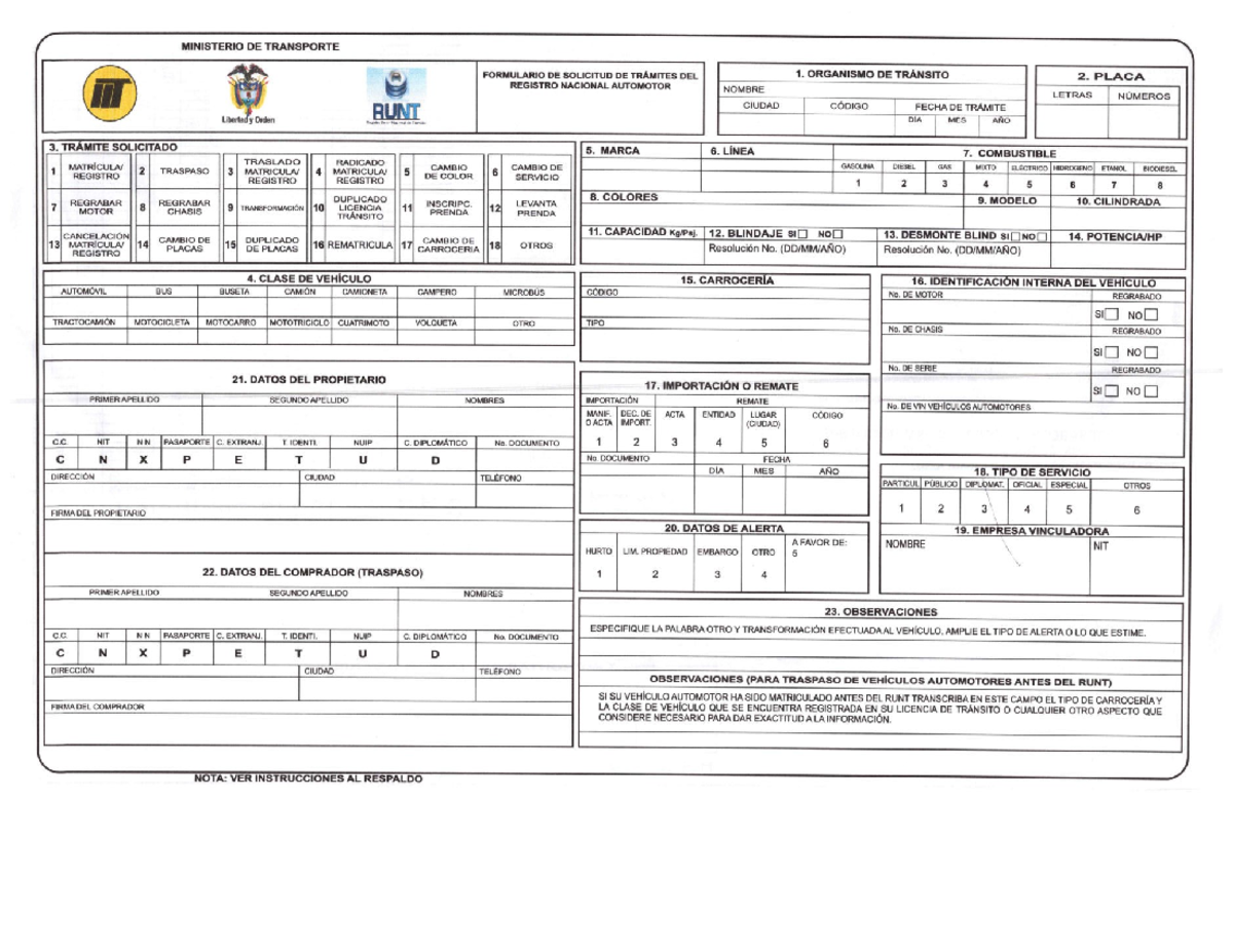 Formato de Solicitud de Trámites de Tránsito - MINISTERIO DE TRANSPORTE ...