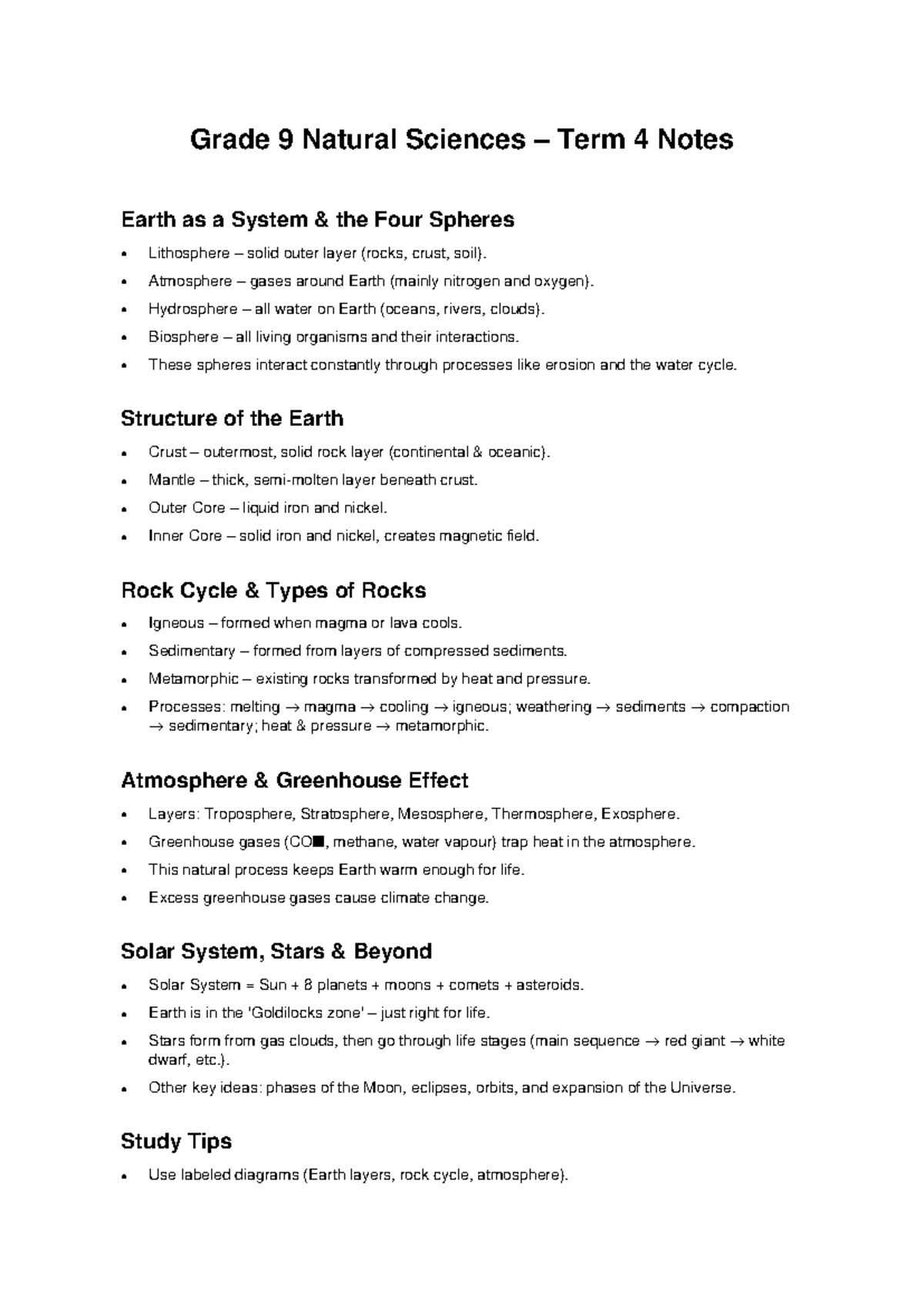 Grade 9 Natural Sciences Term 4: Earth Systems & Interactions - Studocu