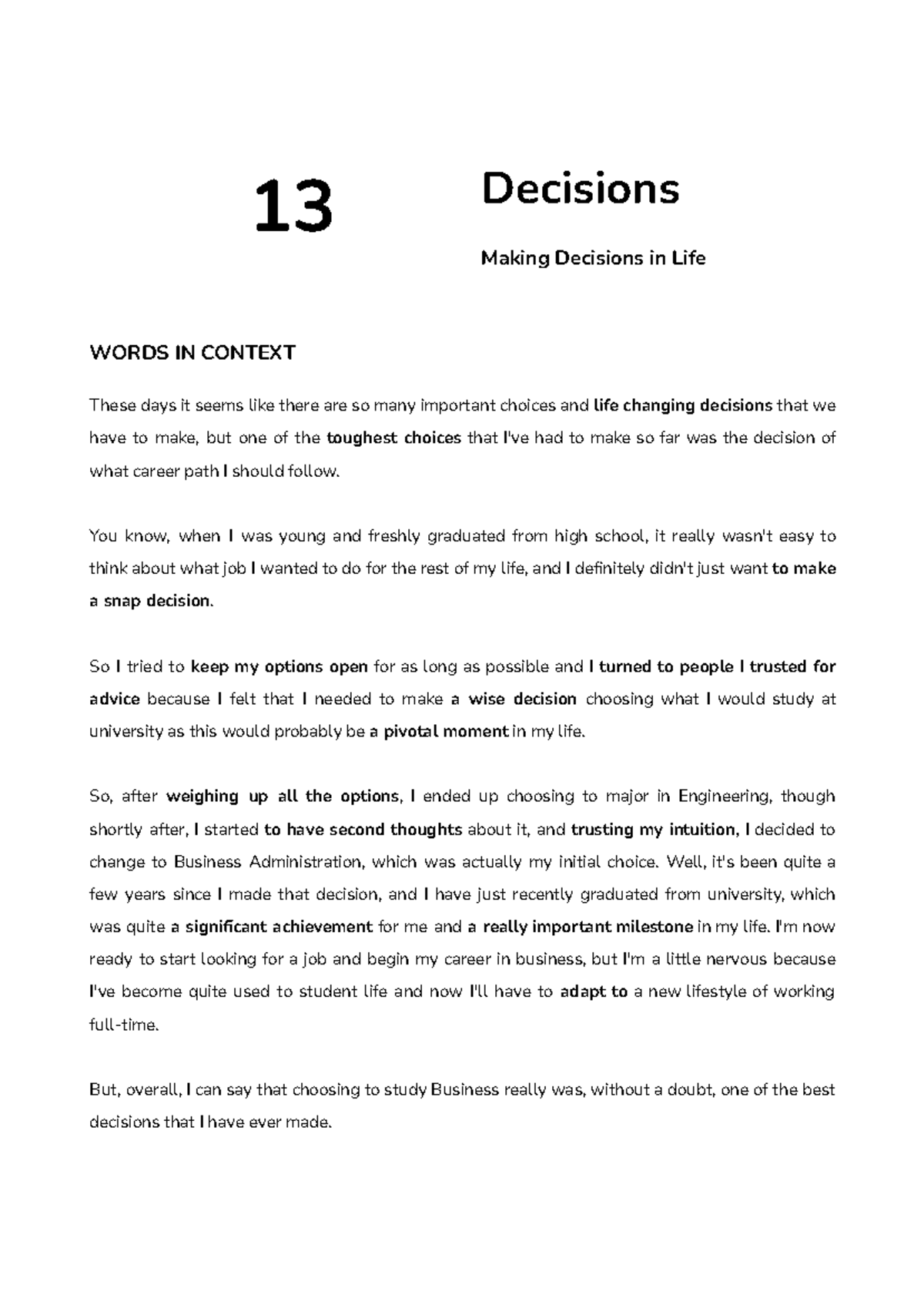 Unit 13 - Making Life Decisions: A Personal Journey - Studocu